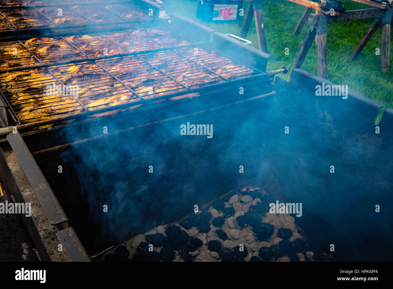 Chicken barbecue fire pit, smoke, grill, charcoal Stock Photo - Alamy