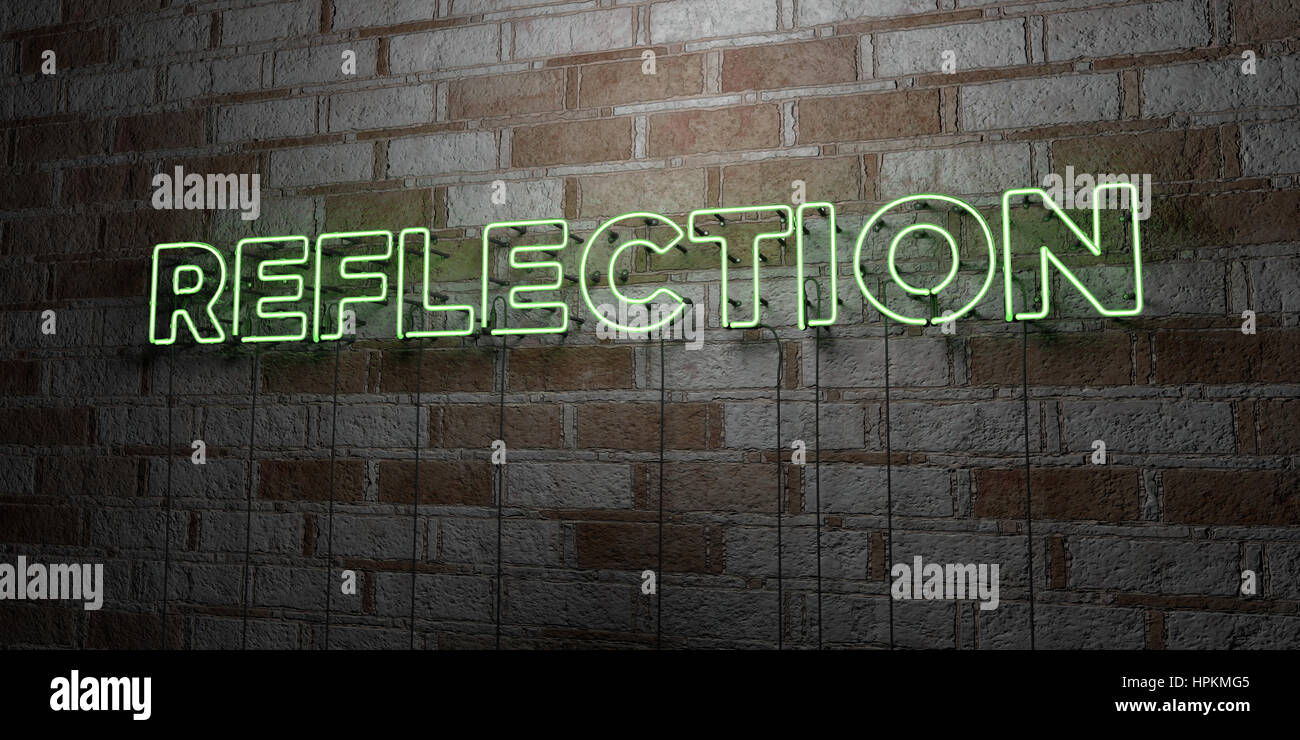REFLECTION - Glowing Neon Sign on stonework wall - 3D rendered royalty ...