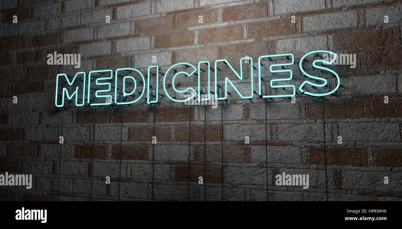 MEDICINES - Glowing Neon Sign on stonework wall - 3D rendered royalty ...