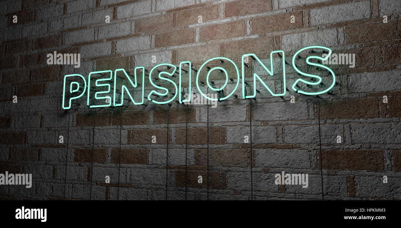 PENSIONS - Glowing Neon Sign on stonework wall - 3D rendered royalty free stock illustration ...