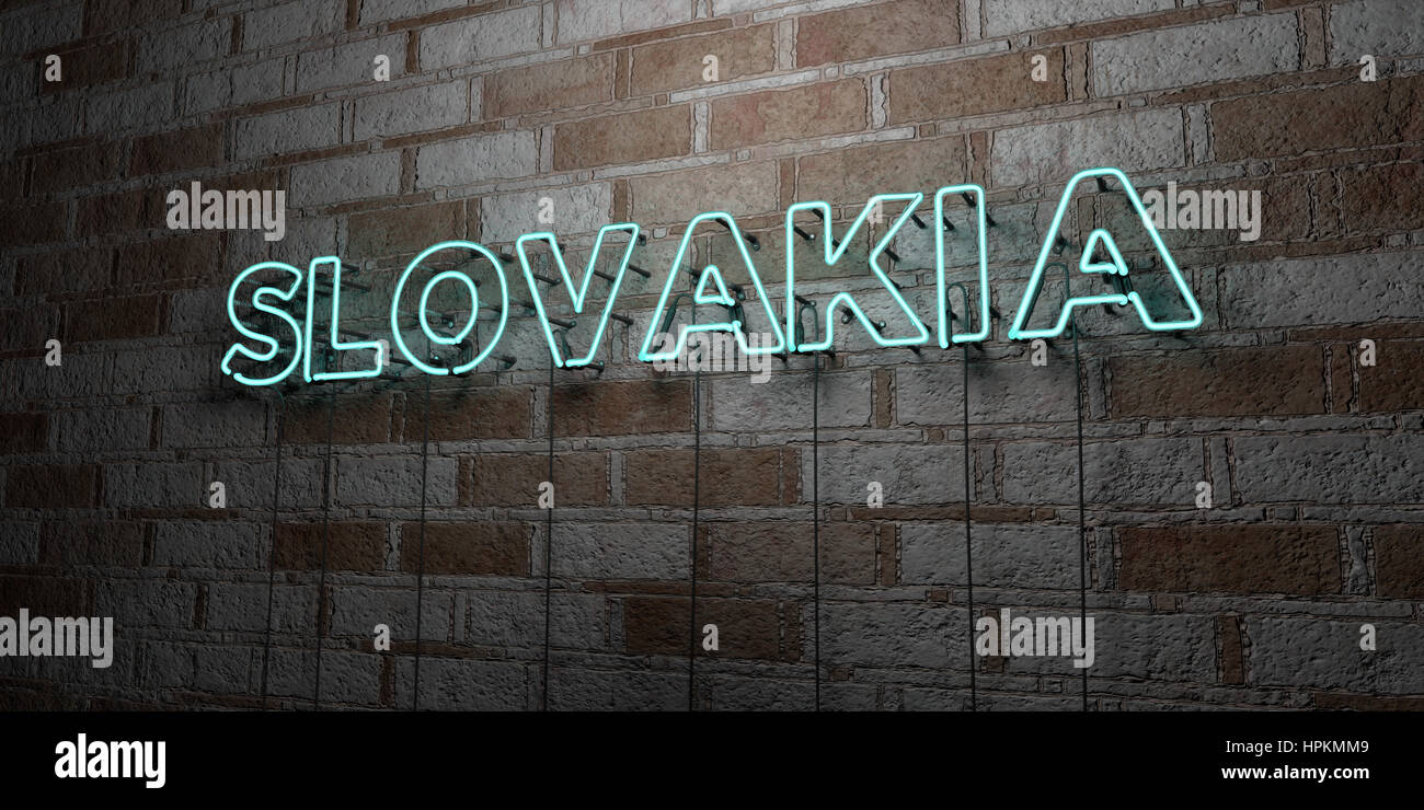 SLOVAKIA - Glowing Neon Sign on stonework wall - 3D rendered royalty ...