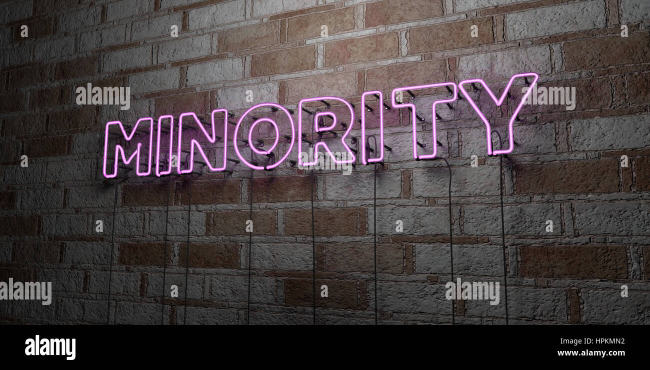 MINORITY - Glowing Neon Sign on stonework wall - 3D rendered royalty ...