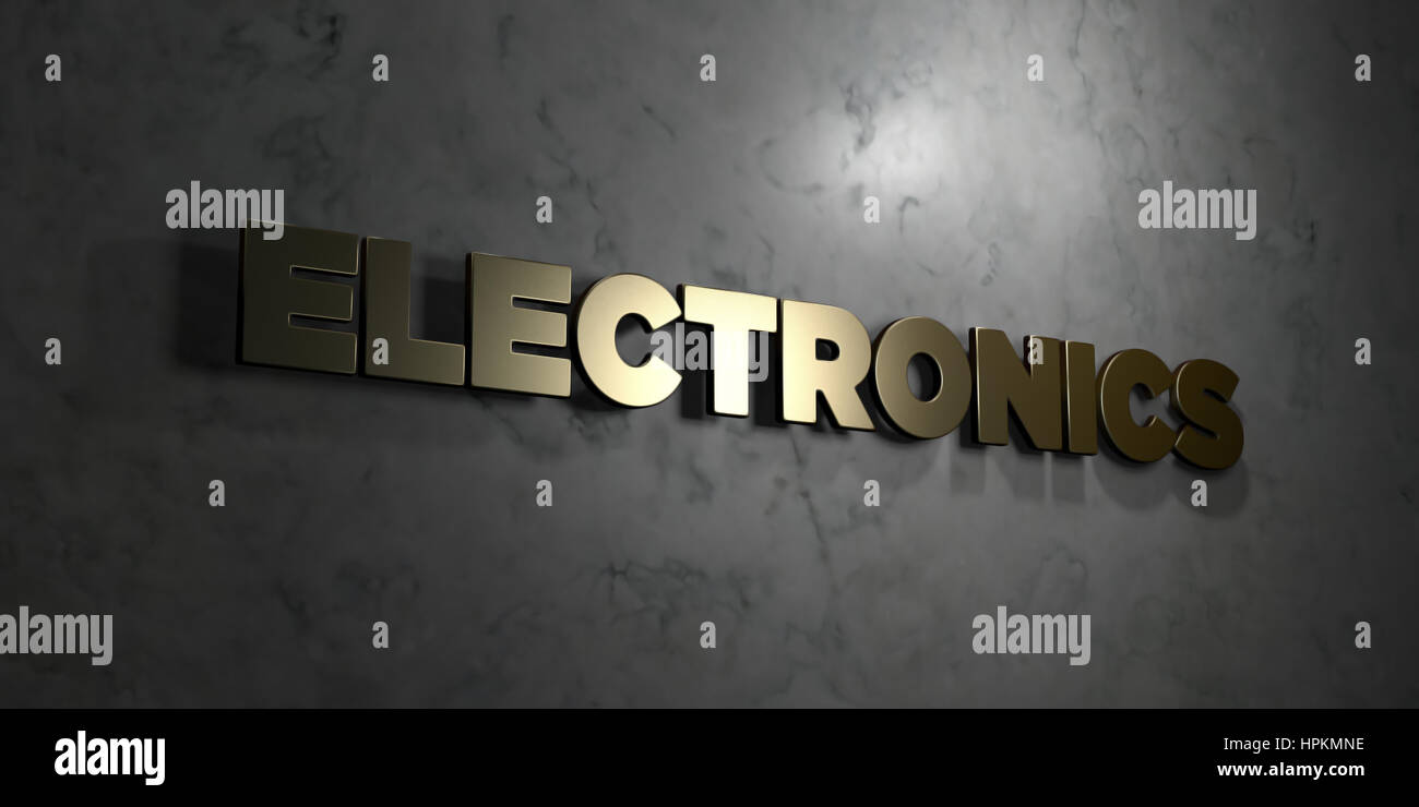 Electronics - Gold text on black background - 3D rendered royalty free ...