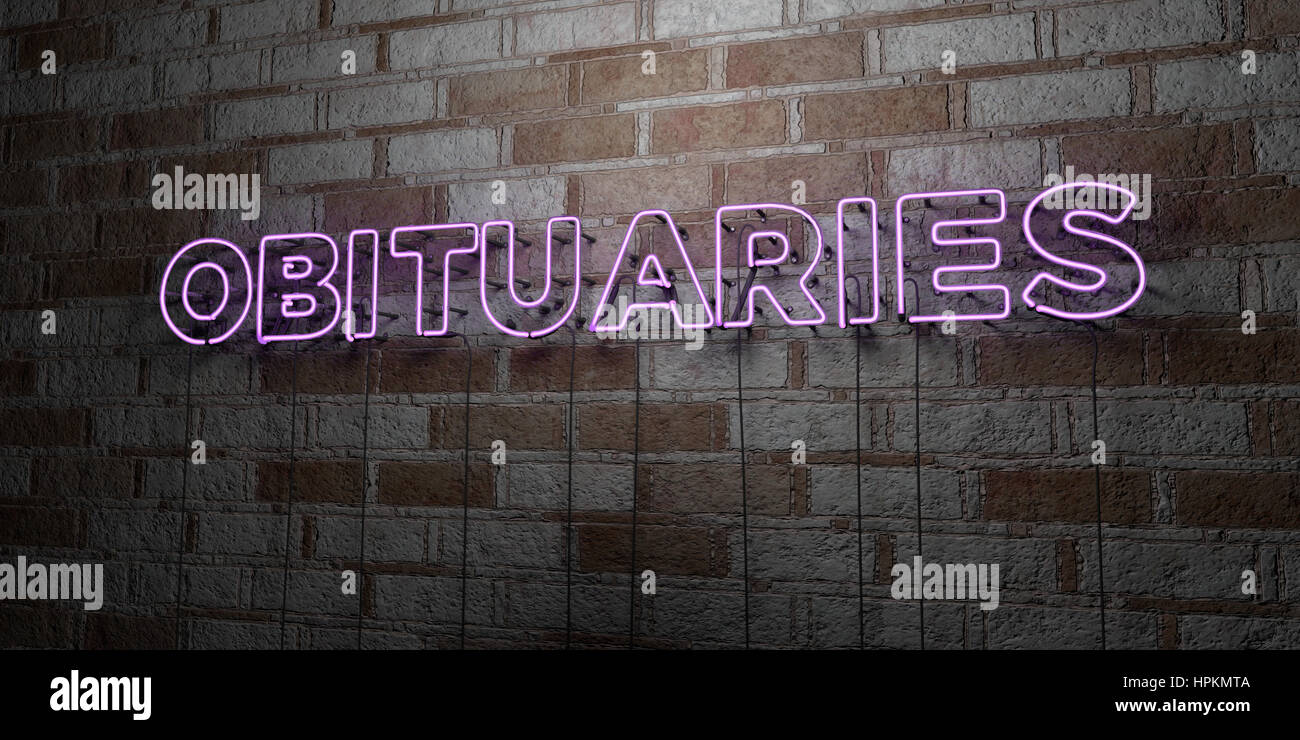 OBITUARIES - Glowing Neon Sign on stonework wall - 3D rendered royalty ...