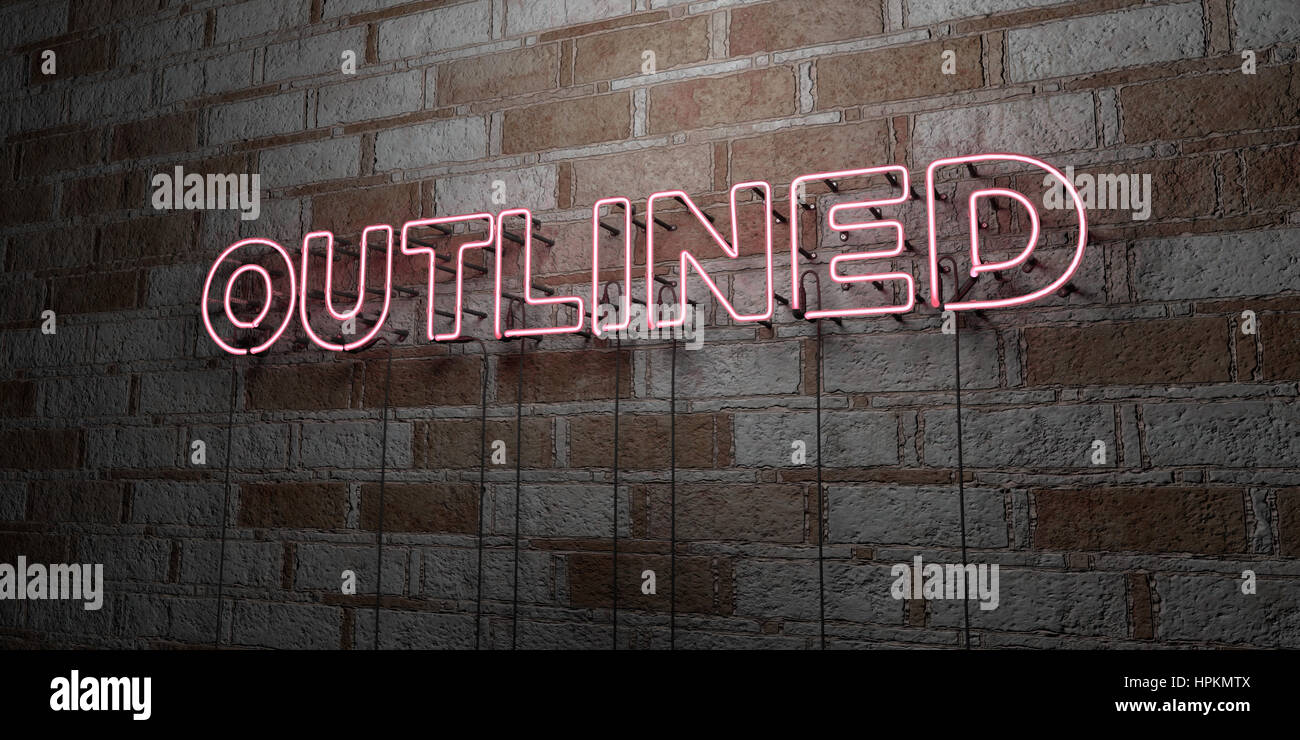 OUTLINED - Glowing Neon Sign on stonework wall - 3D rendered royalty ...