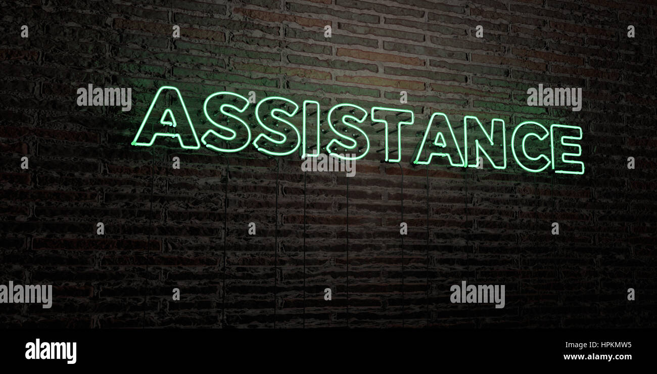 ASSISTANCE -Realistic Neon Sign on Brick Wall background - 3D rendered ...