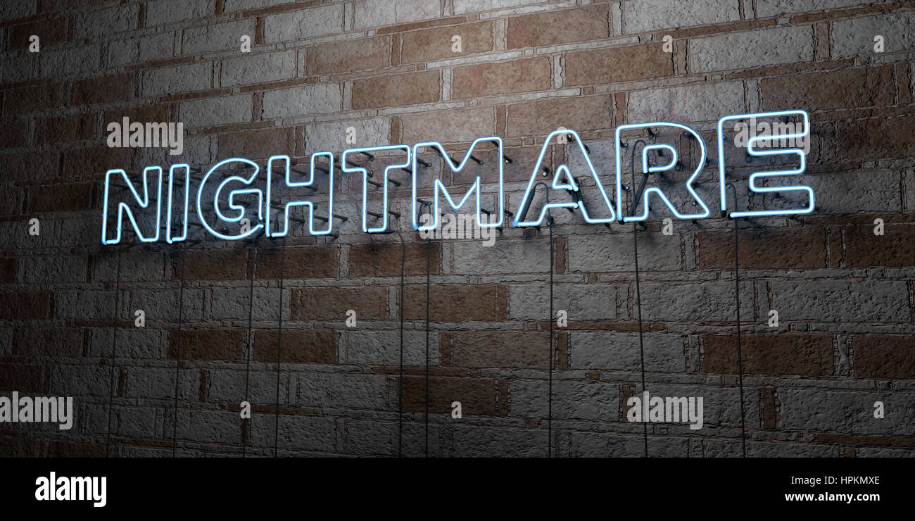 NIGHTMARE - Glowing Neon Sign on stonework wall - 3D rendered royalty ...