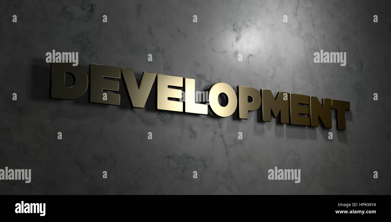 Development - Gold text on black background - 3D rendered royalty free ...