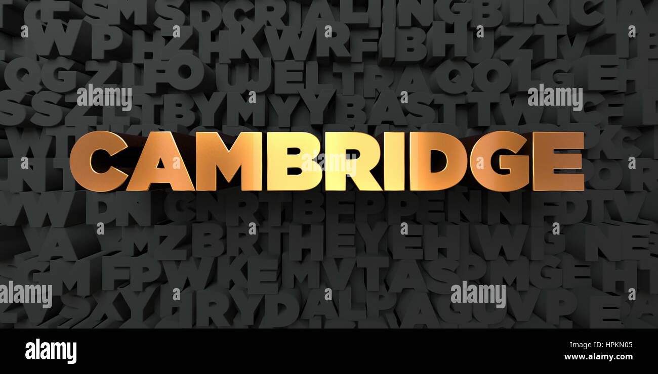 Cambridge - Gold text on black background - 3D rendered royalty free ...