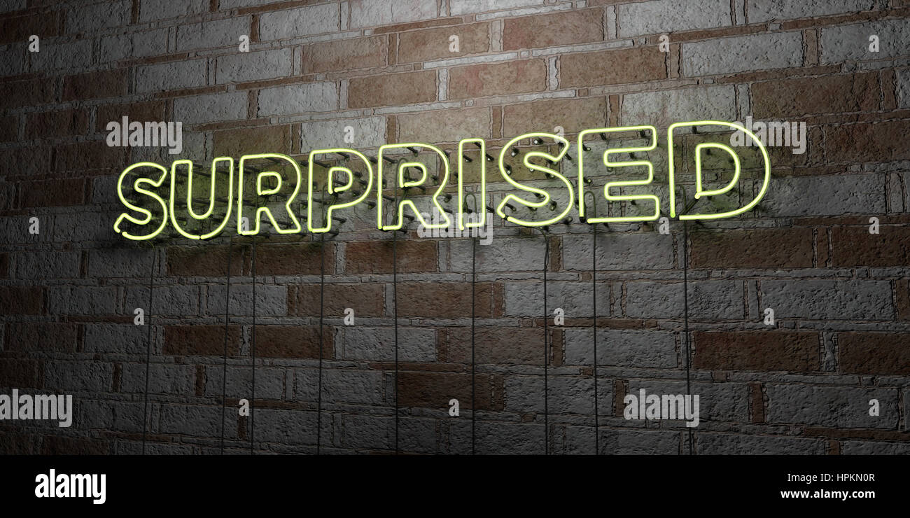 SURPRISED - Glowing Neon Sign on stonework wall - 3D rendered royalty ...