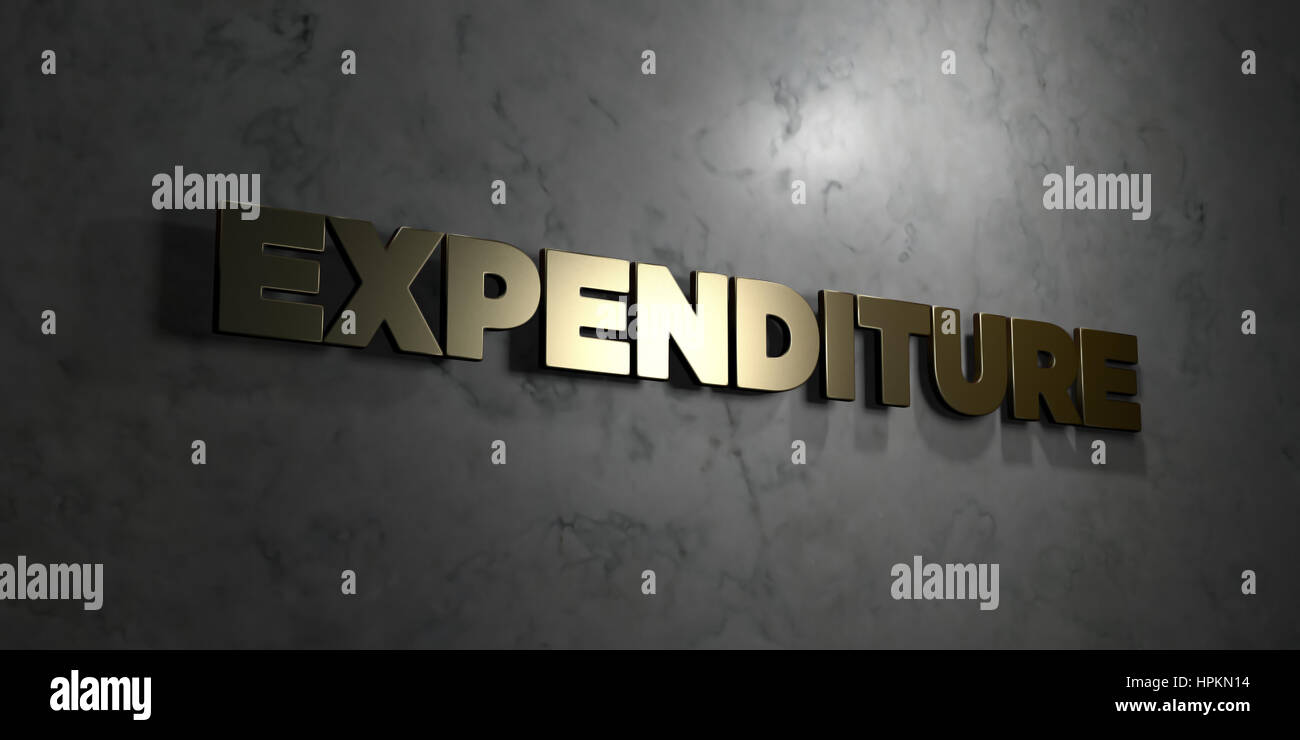 Expenditure - Gold text on black background - 3D rendered royalty free ...