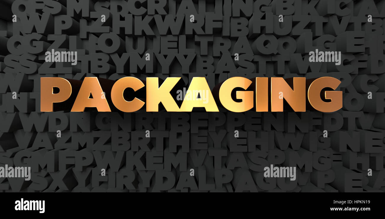 Packaging - Gold text on black background - 3D rendered royalty free ...