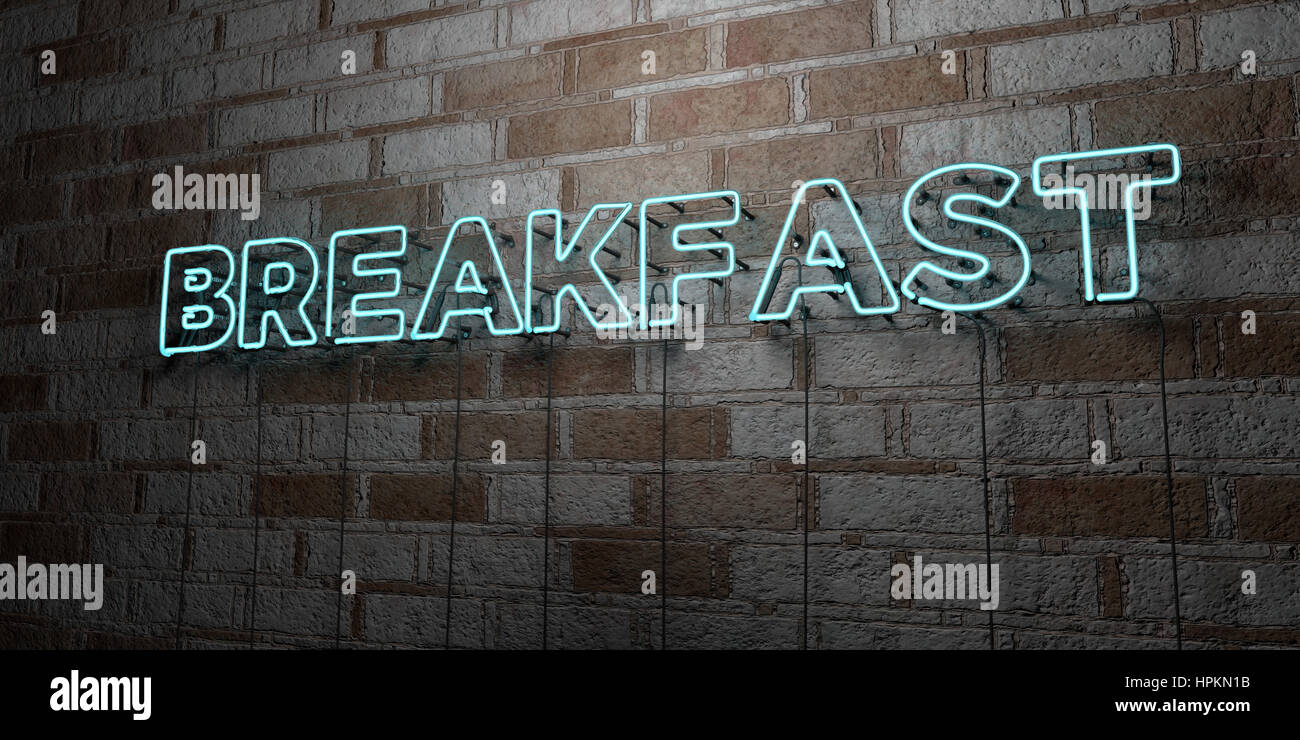 BREAKFAST - Glowing Neon Sign on stonework wall - 3D rendered royalty ...