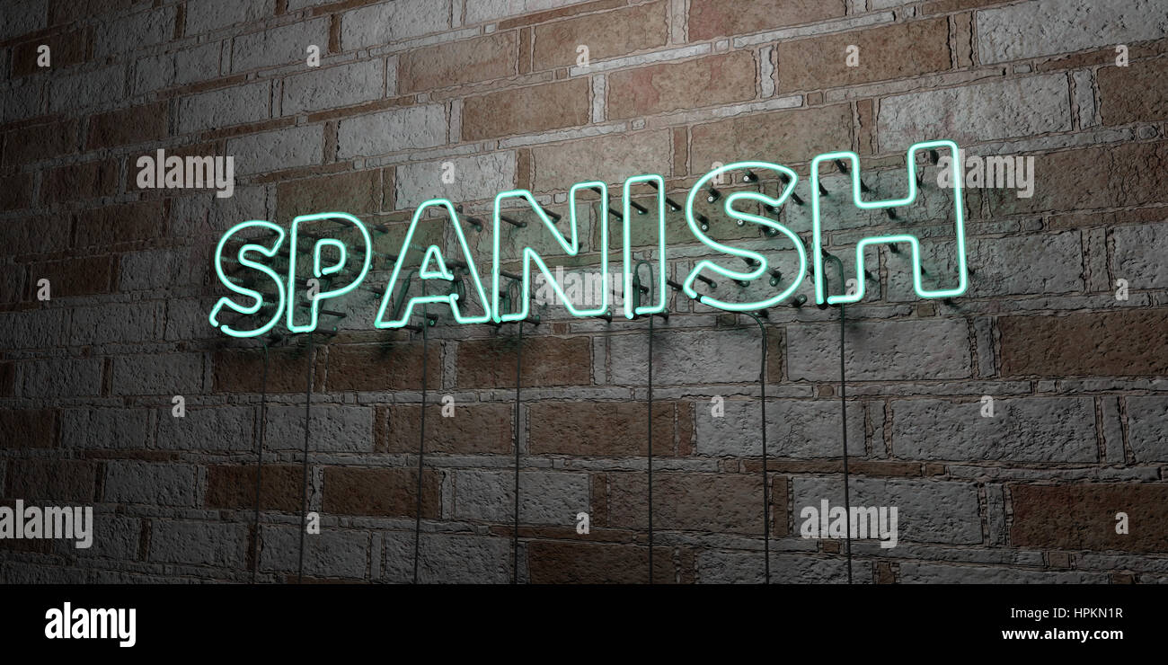SPANISH - Glowing Neon Sign on stonework wall - 3D rendered royalty ...