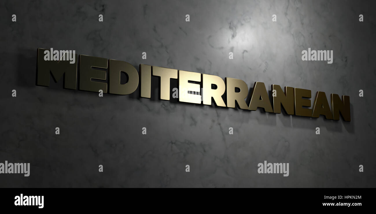 Mediterranean - Gold text on black background - 3D rendered royalty ...