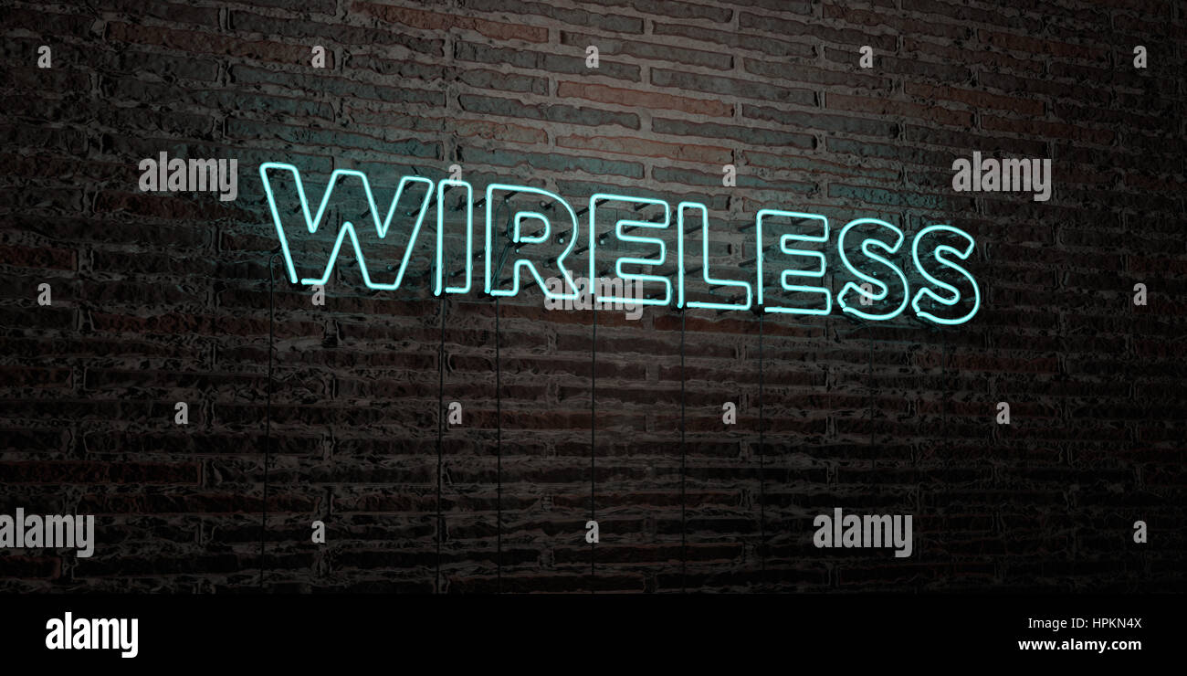 WIRELESS -Realistic Neon Sign on Brick Wall background - 3D rendered ...
