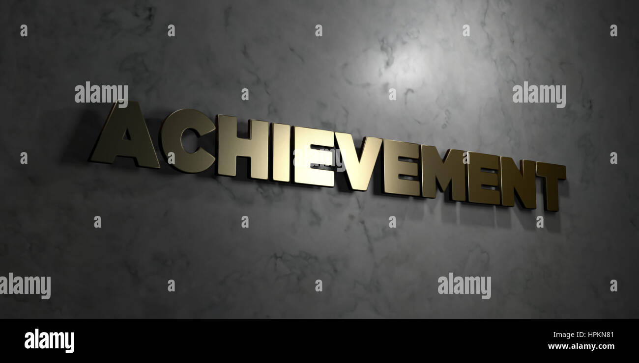 Achievement - Gold text on black background - 3D rendered royalty free ...