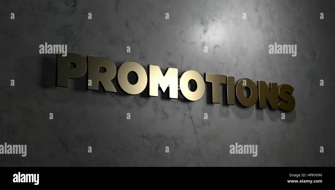Promotions - Gold text on black background - 3D rendered royalty free ...
