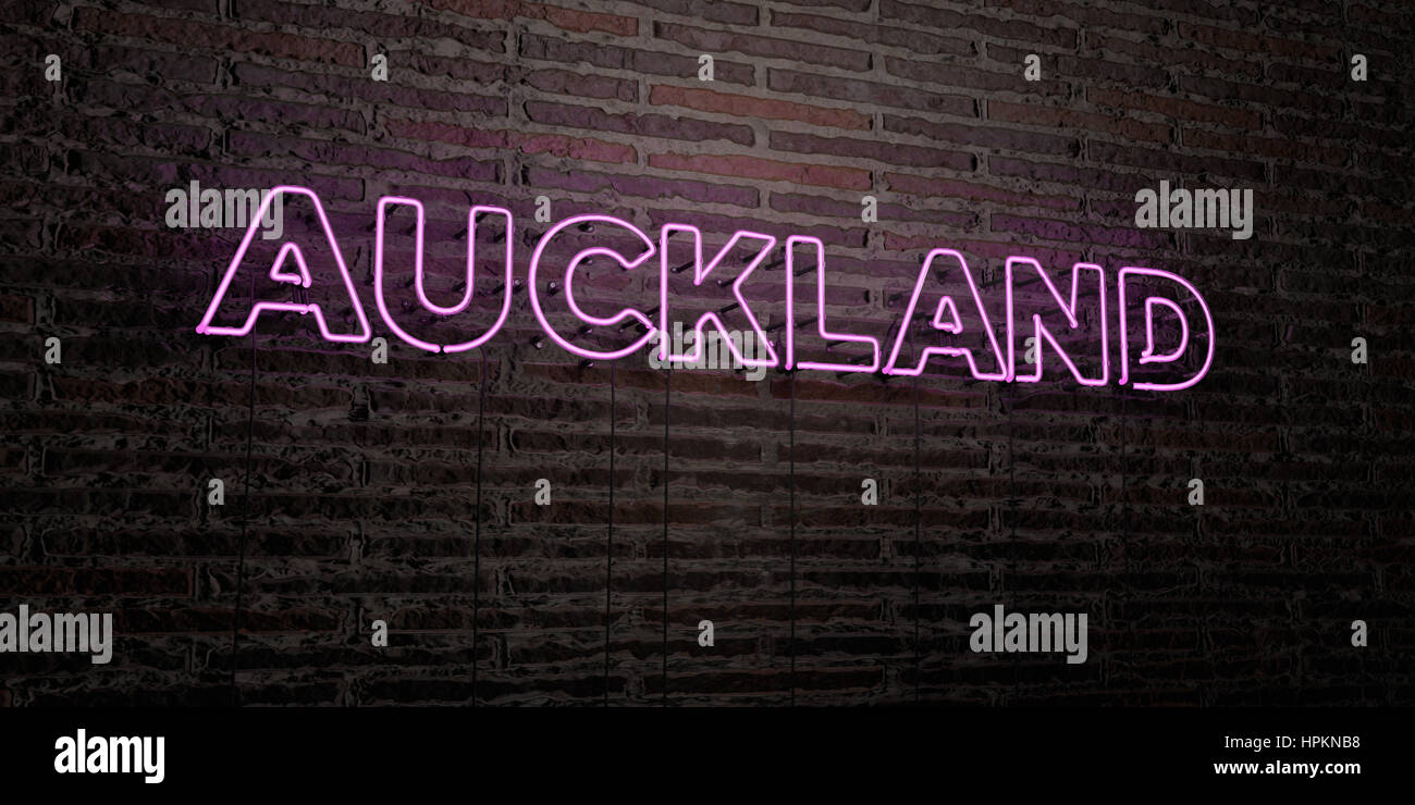 AUCKLAND -Realistic Neon Sign on Brick Wall background - 3D rendered ...