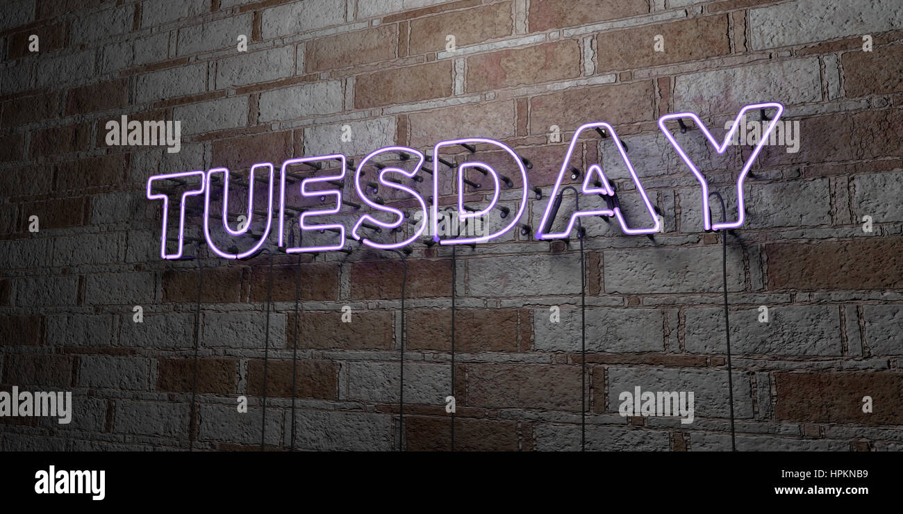 TUESDAY - Glowing Neon Sign on stonework wall - 3D rendered royalty ...