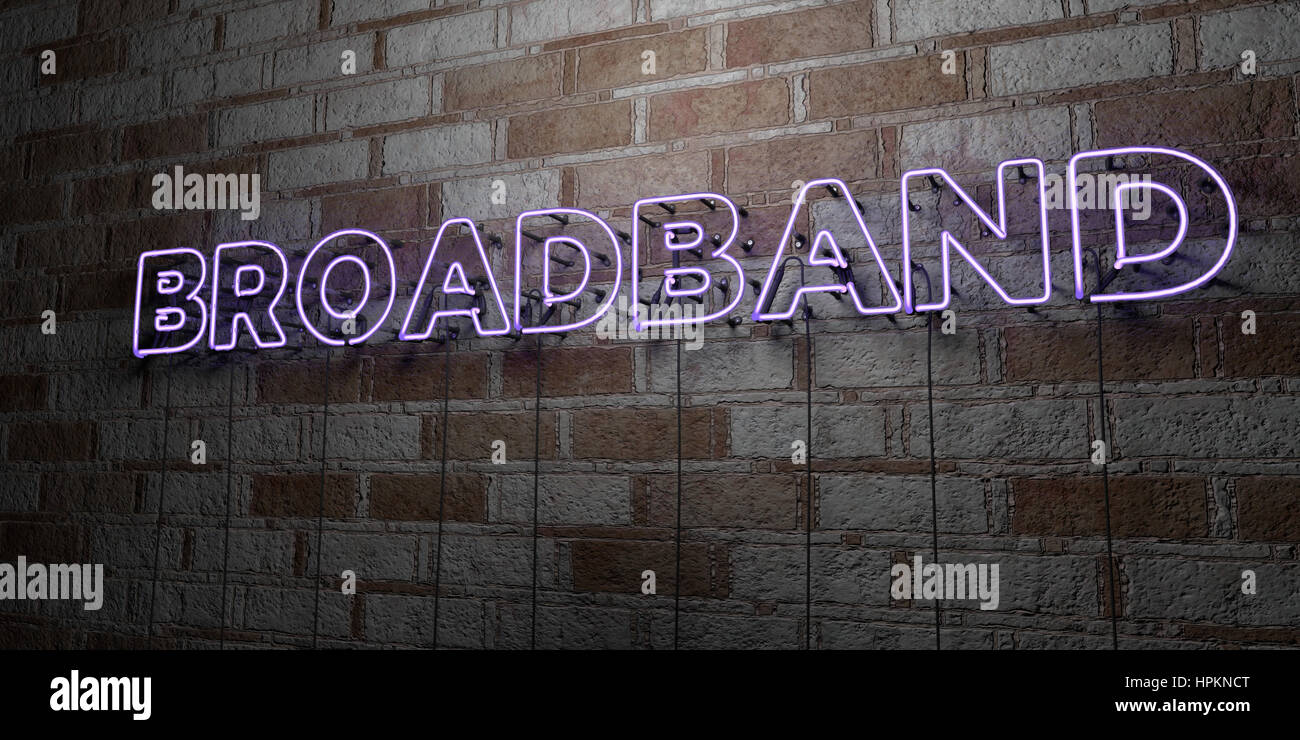 BROADBAND - Glowing Neon Sign on stonework wall - 3D rendered royalty ...