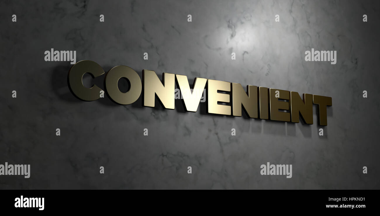 Convenient - Gold text on black background - 3D rendered royalty free ...