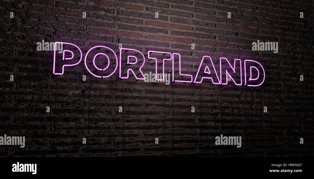 PORTLAND -Realistic Neon Sign on Brick Wall background - 3D rendered ...