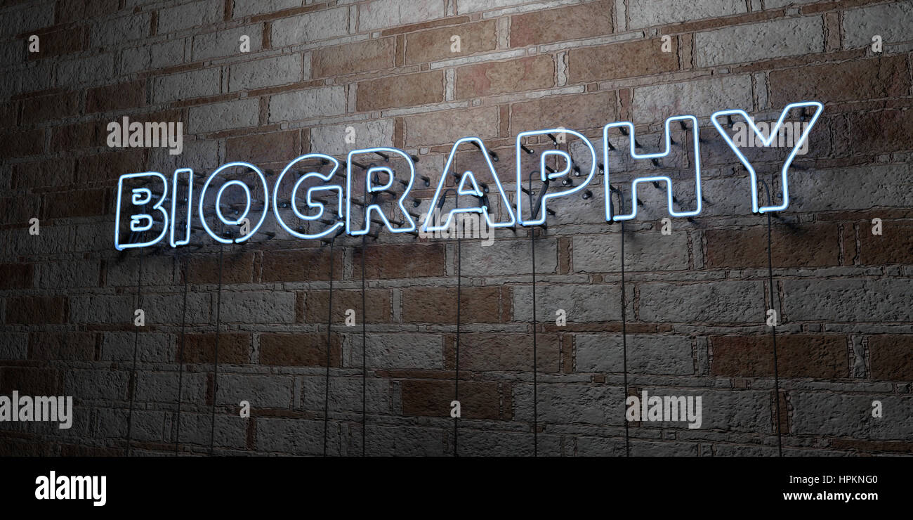 BIOGRAPHY - Glowing Neon Sign on stonework wall - 3D rendered royalty ...