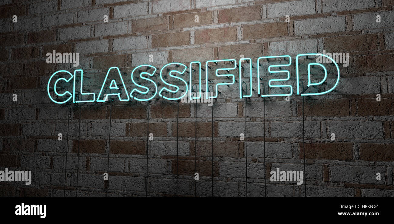 CLASSIFIED - Glowing Neon Sign on stonework wall - 3D rendered royalty ...