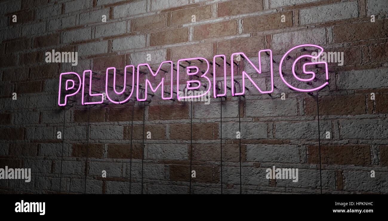 PLUMBING - Glowing Neon Sign on stonework wall - 3D rendered royalty ...