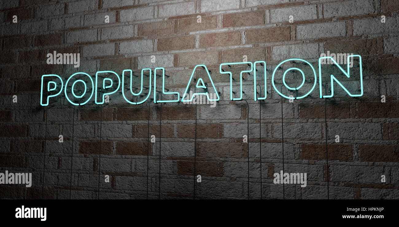 POPULATION - Glowing Neon Sign on stonework wall - 3D rendered royalty ...