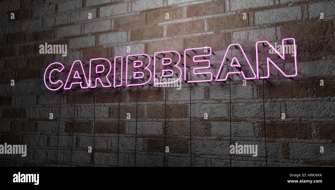 CARIBBEAN - Glowing Neon Sign on stonework wall - 3D rendered royalty ...