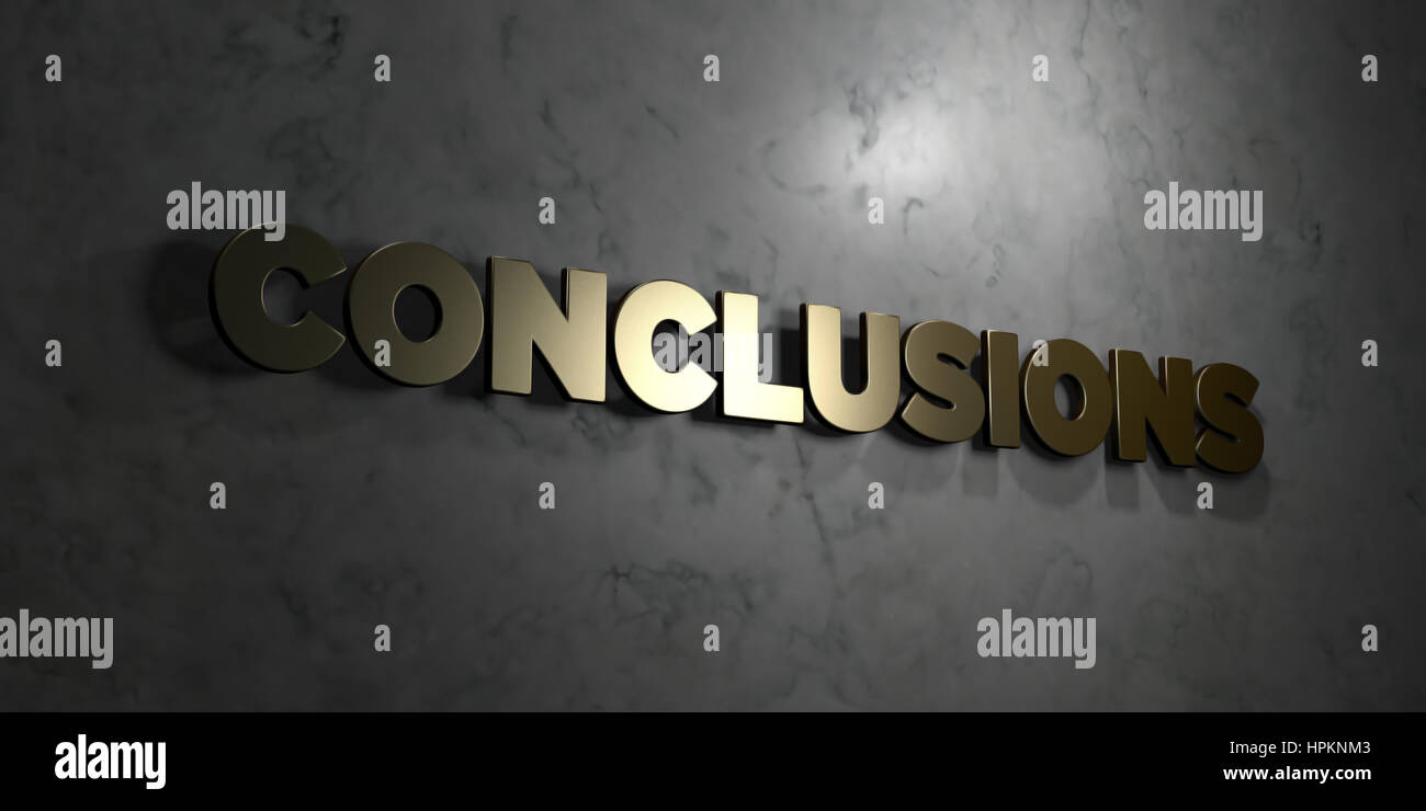 Conclusions - Gold text on black background - 3D rendered royalty free ...