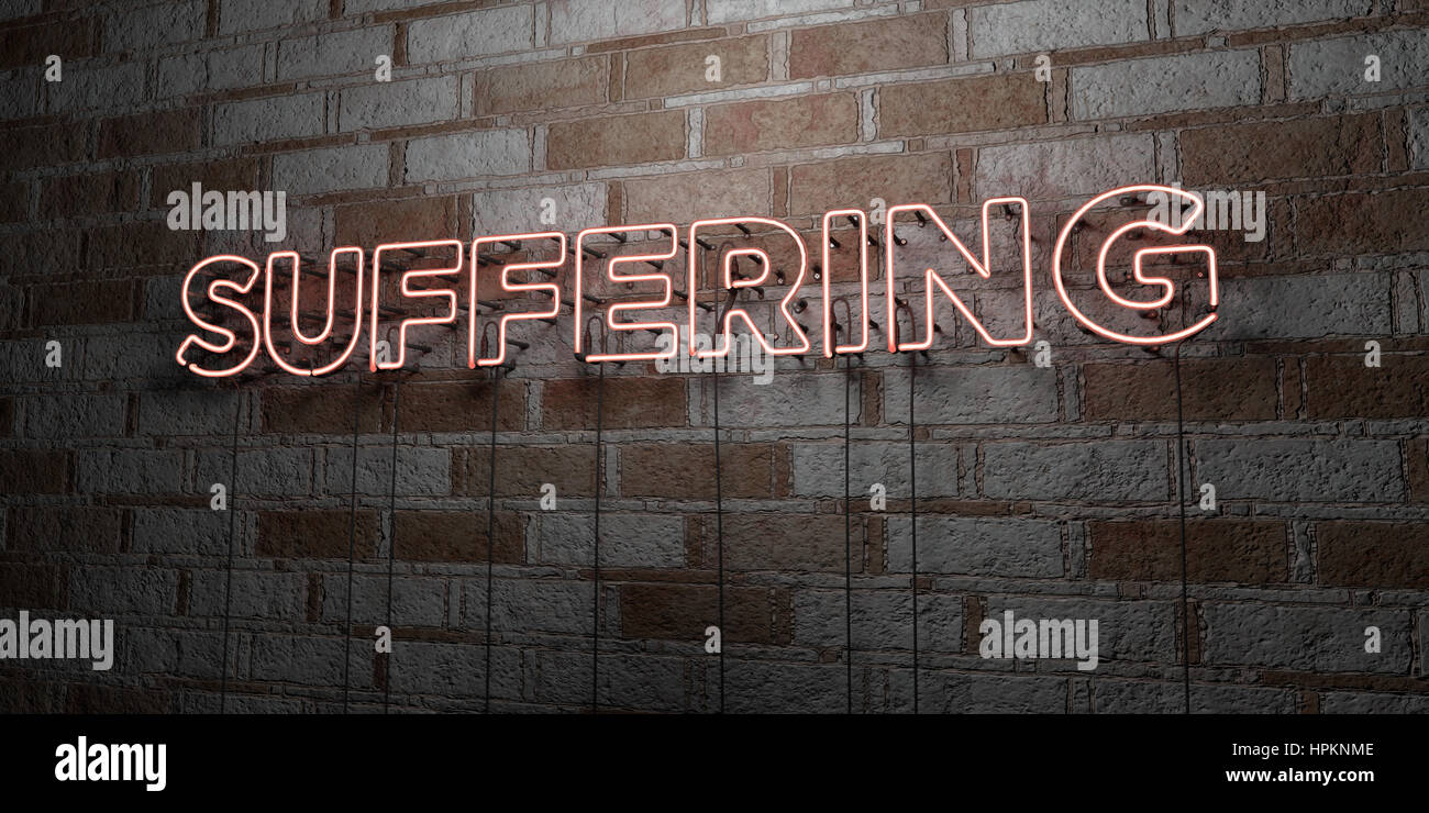 SUFFERING - Glowing Neon Sign on stonework wall - 3D rendered royalty ...