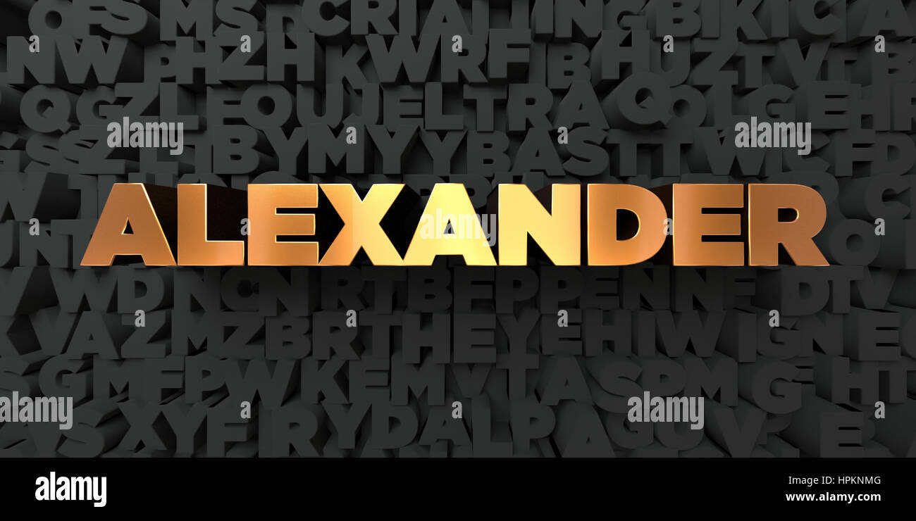Alexander - Gold text on black background - 3D rendered royalty free ...