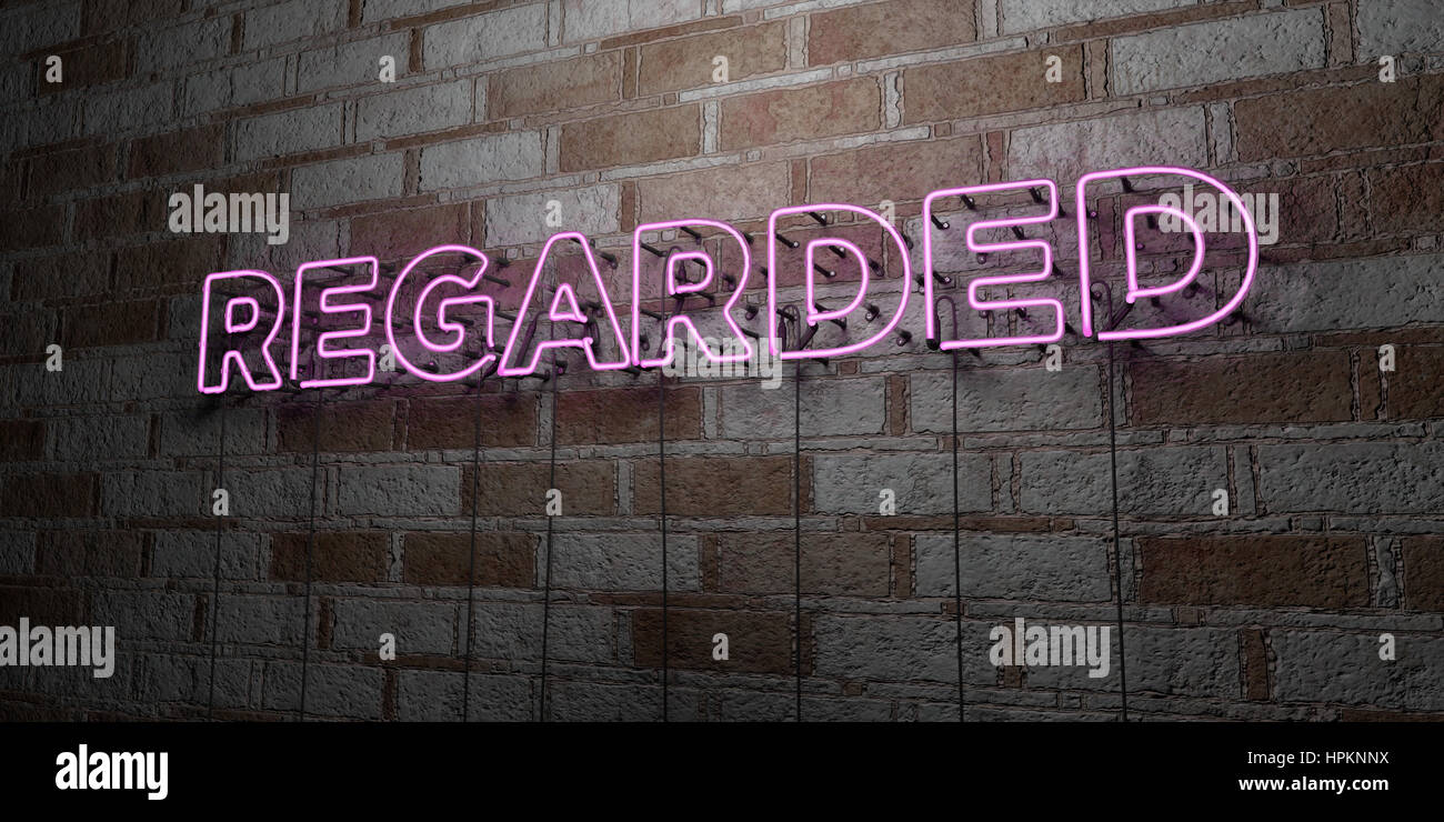 REGARDED - Glowing Neon Sign on stonework wall - 3D rendered royalty ...