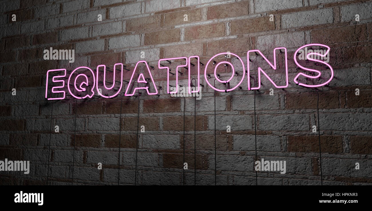 EQUATIONS - Glowing Neon Sign on stonework wall - 3D rendered royalty ...