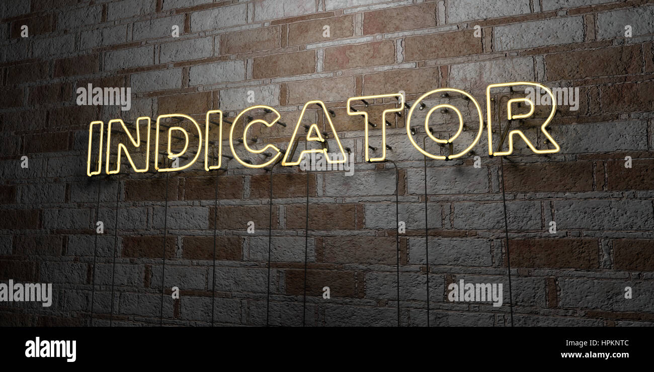 INDICATOR - Glowing Neon Sign on stonework wall - 3D rendered royalty ...