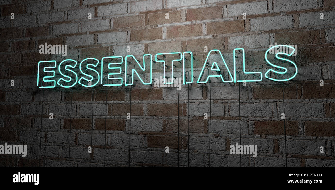 ESSENTIALS - Glowing Neon Sign on stonework wall - 3D rendered royalty ...