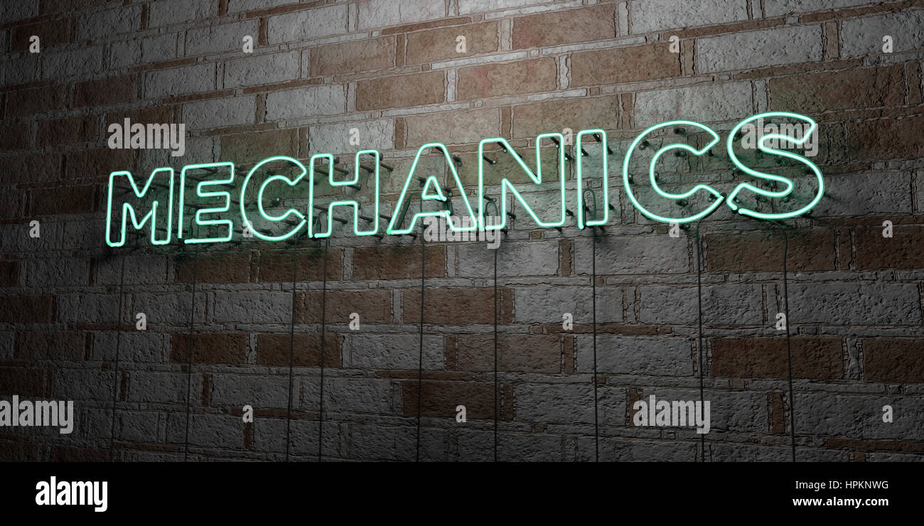MECHANICS - Glowing Neon Sign on stonework wall - 3D rendered royalty ...