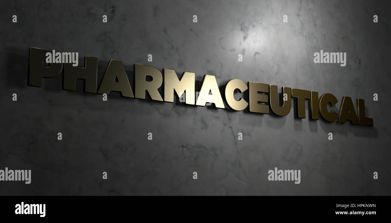 Pharmaceutical - Gold text on black background - 3D rendered royalty ...