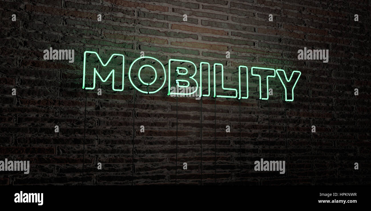 MOBILITY -Realistic Neon Sign on Brick Wall background - 3D rendered ...
