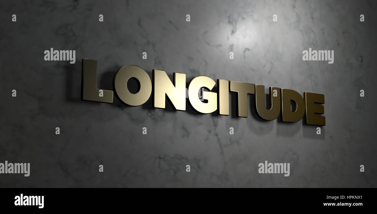 Longitude - Gold text on black background - 3D rendered royalty free ...