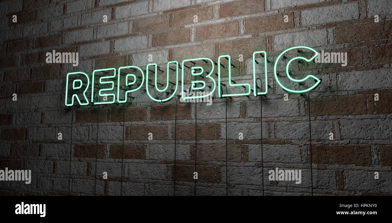 REPUBLIC - Glowing Neon Sign on stonework wall - 3D rendered royalty ...