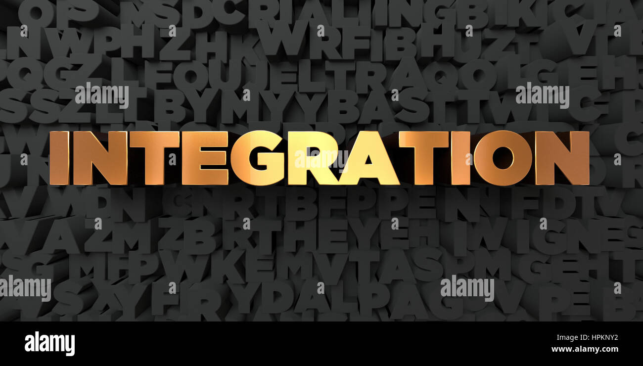 Integration - Gold text on black background - 3D rendered royalty free ...