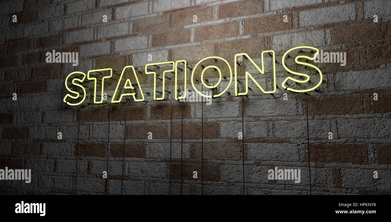 STATIONS - Glowing Neon Sign on stonework wall - 3D rendered royalty ...