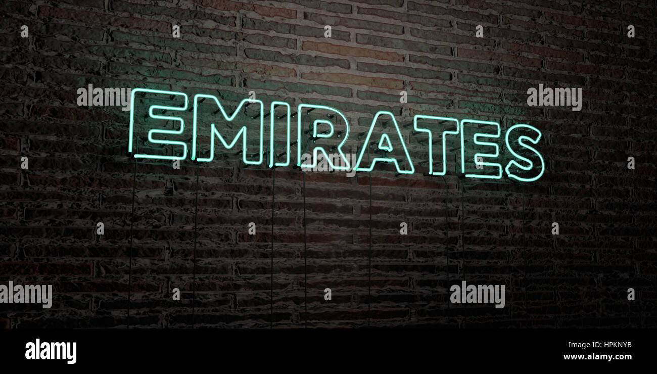 EMIRATES -Realistic Neon Sign on Brick Wall background - 3D rendered ...