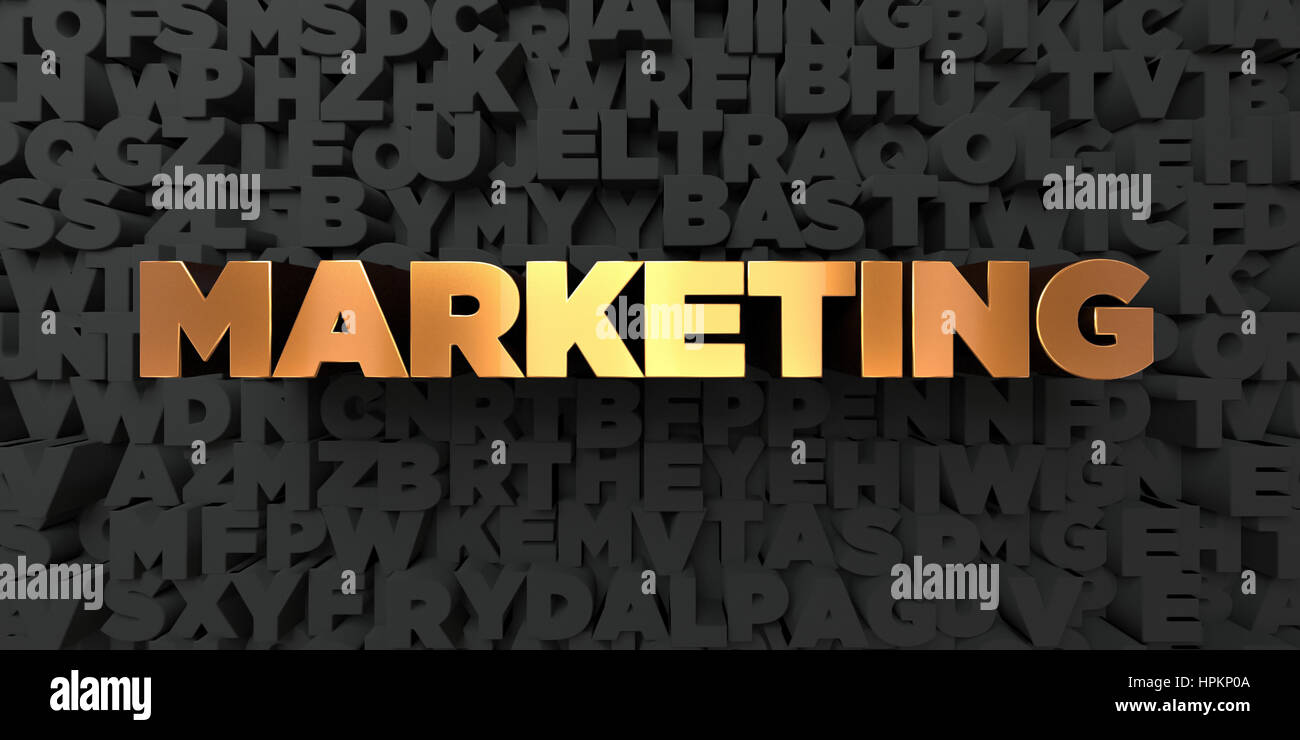 Marketing - Gold text on black background - 3D rendered royalty free ...