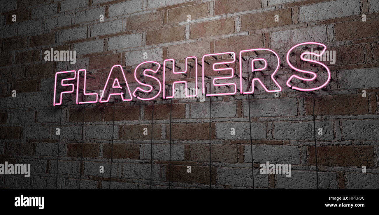 FLASHERS - Glowing Neon Sign on stonework wall - 3D rendered royalty ...