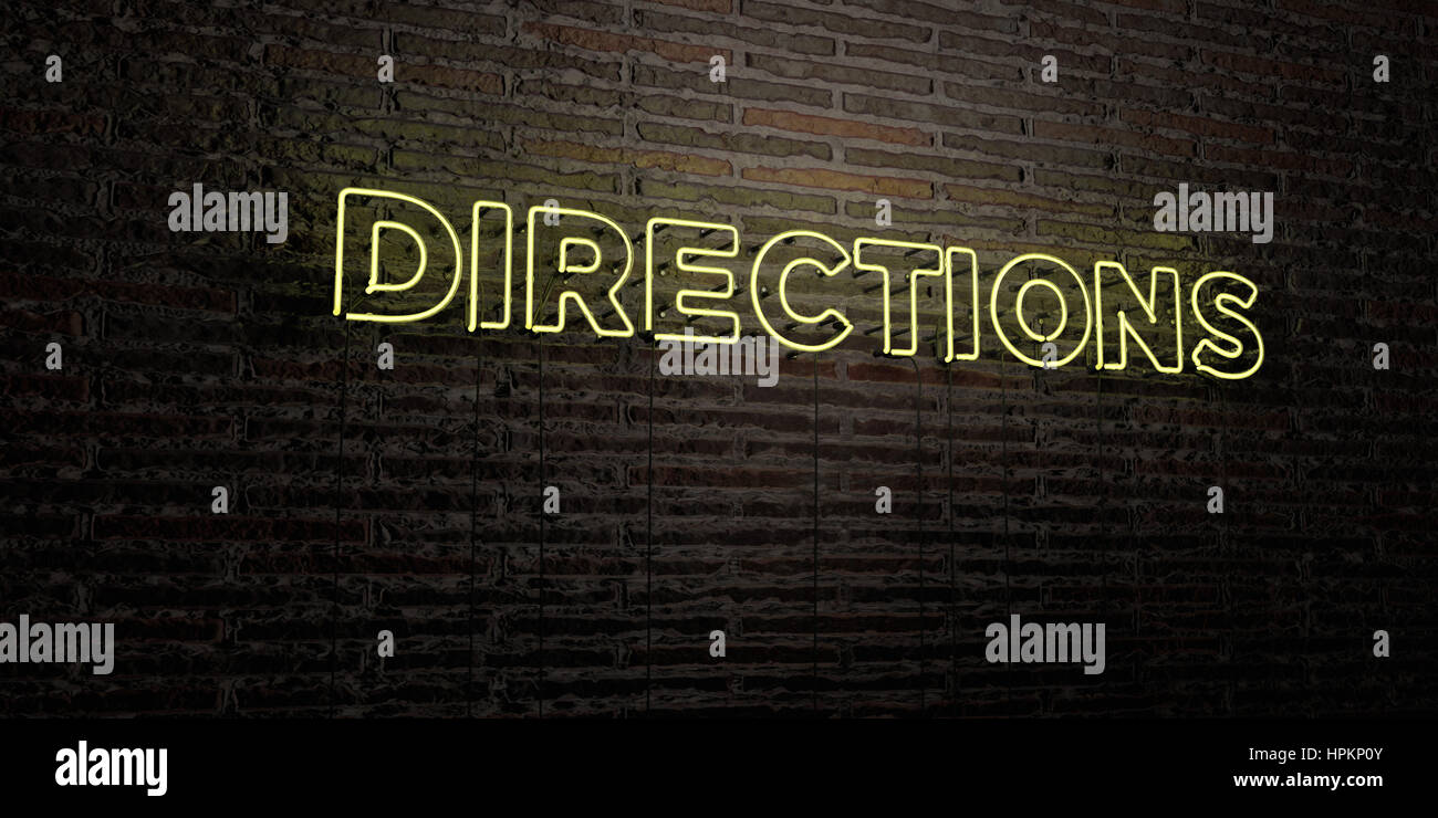 DIRECTIONS -Realistic Neon Sign on Brick Wall background - 3D rendered ...